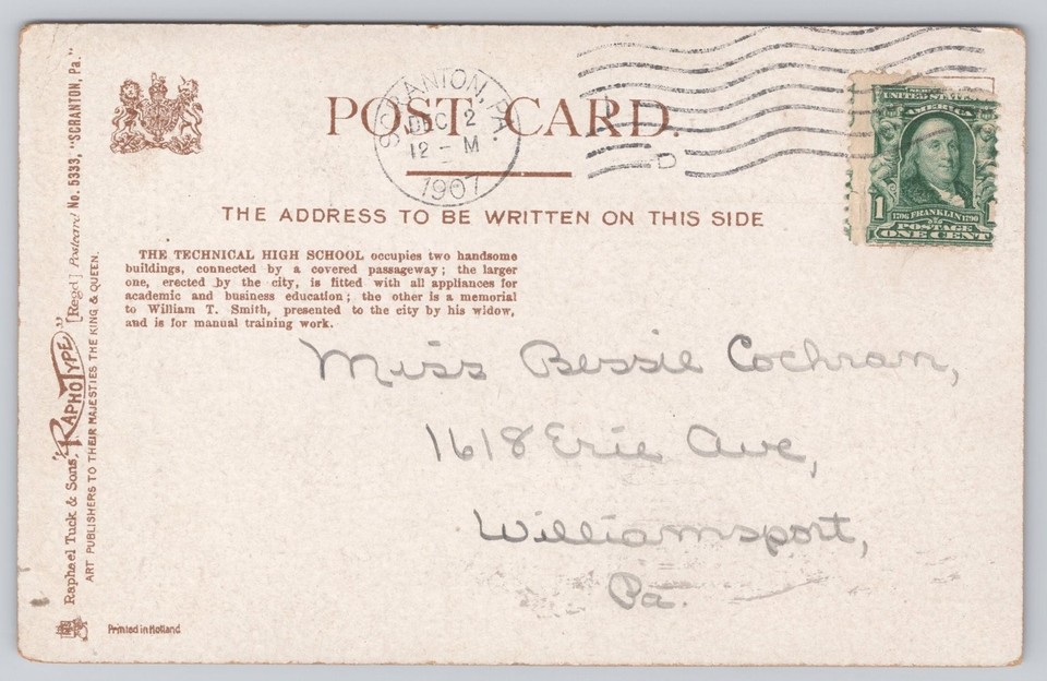 Vintage Scranton PA Technical High School Postcard 1907 Tuck Linen | eBay