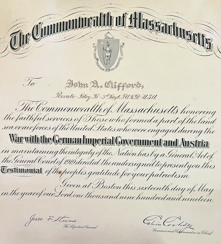 1919 WWI Commonwealth of Massachusetts Certificate of Military Service ...