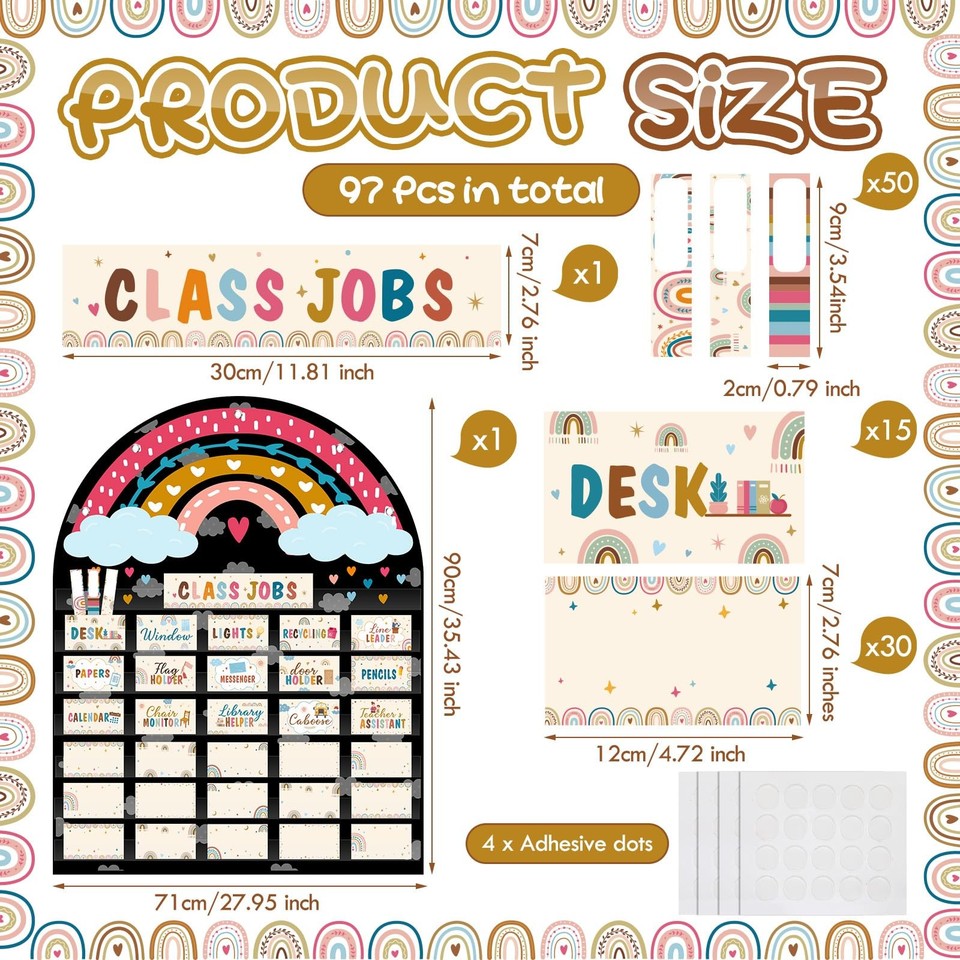 Class Jobs Pocket Chart Rainbow Pocket Chart with 96 Pcs Boho Cards ...
