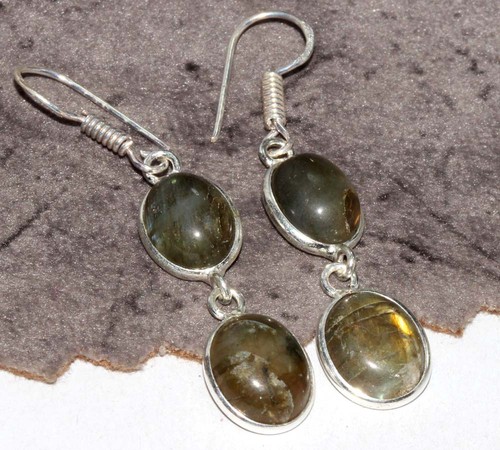 Long Fiery Labradorite 925 Silver Plated Gemstone Earrings 1.8" AU j828 ...