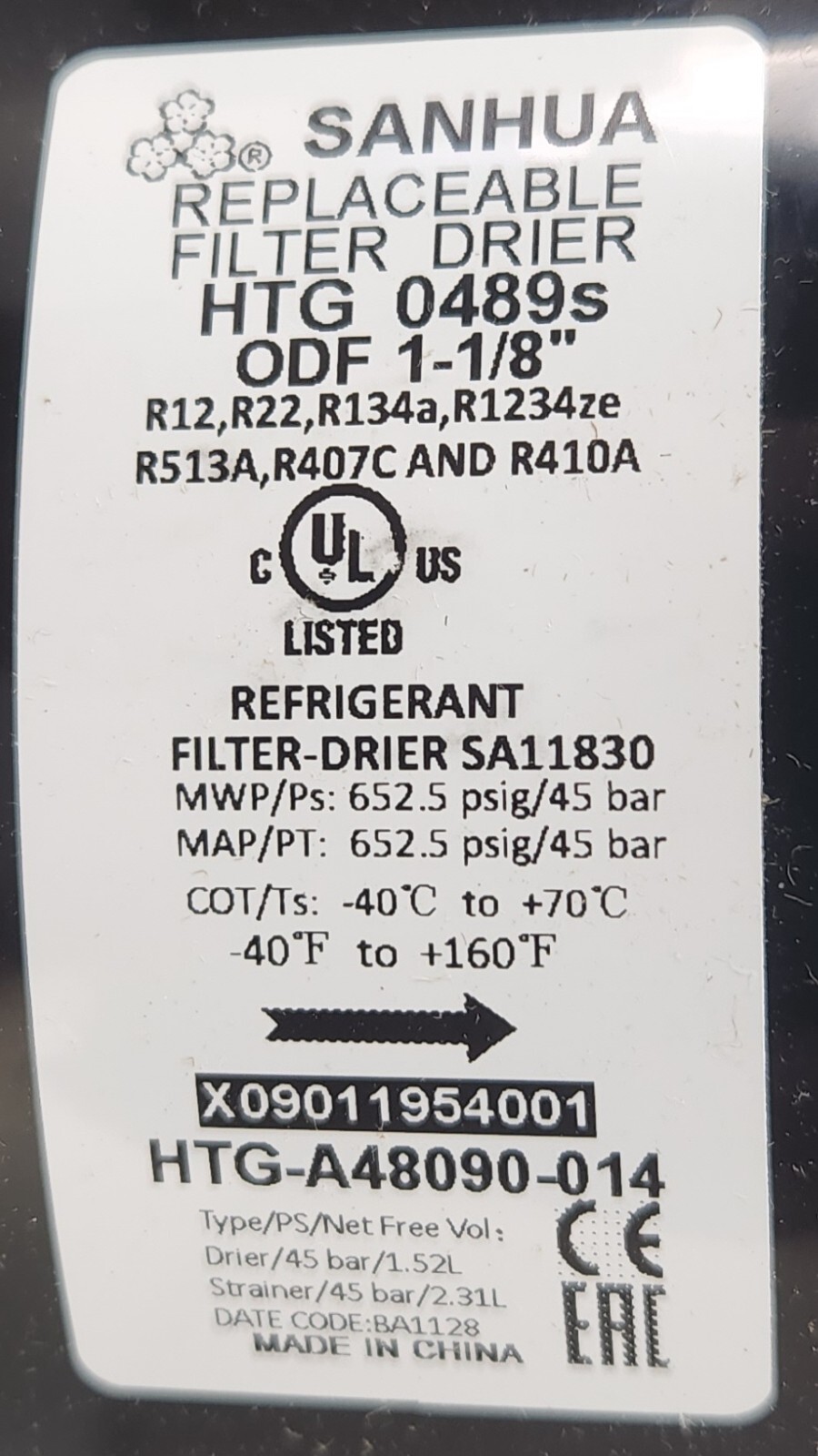 Sanhua Replaceable Filter Drier HTG 0489s ODF 1 1/8" SA11830 HTG-A48090 ...