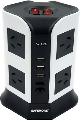 Compact Vertical Power Board with 4 USB Ports and 8 Plugs, White and ...