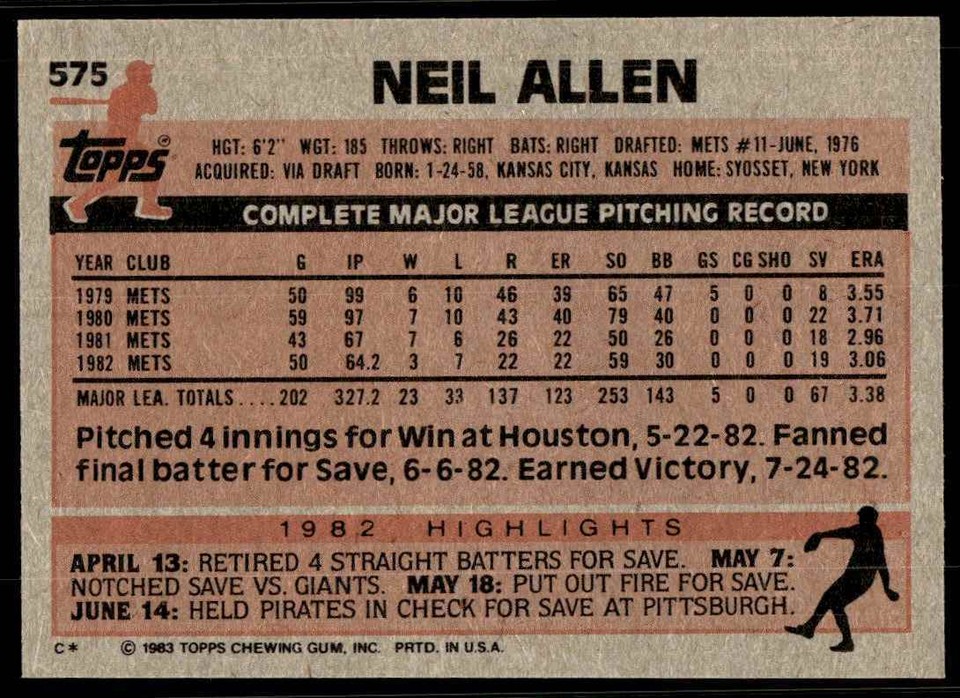 1983 Topps Neil Allen New York Mets #575 | eBay