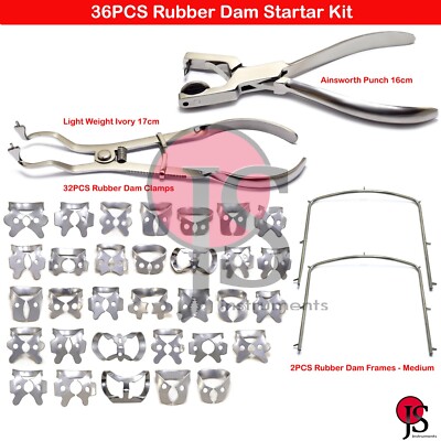 36PCS Endodontics Rubber Dam Kit Light Weight Ivory Clamps Ainsworth ...