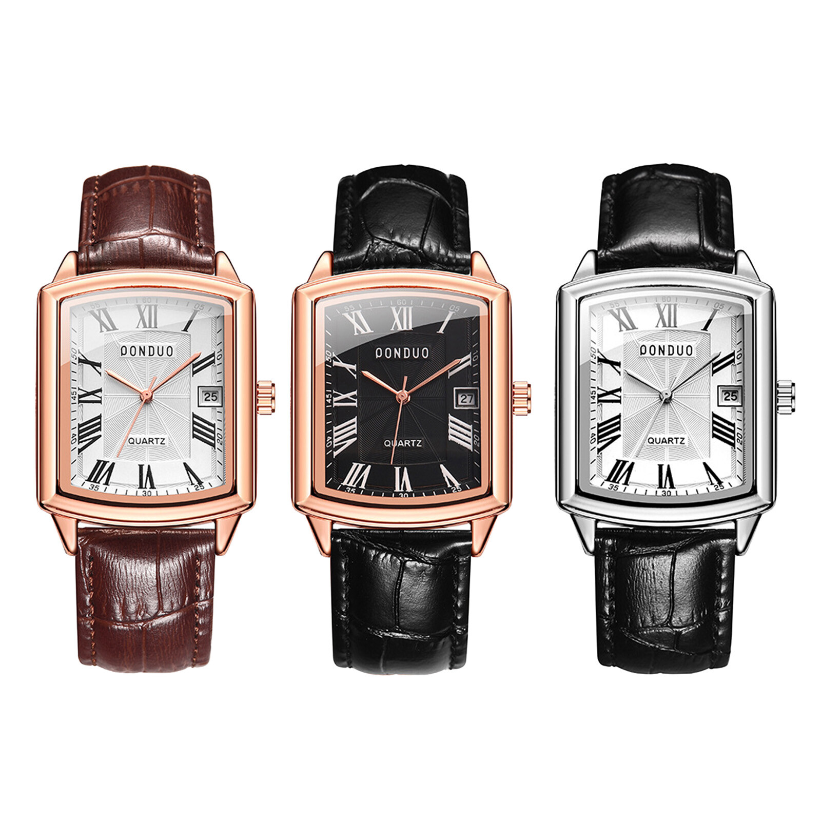 Men's Classic Roman Numerals Rectangle Dial Leather Strap Quartz Wrist ...