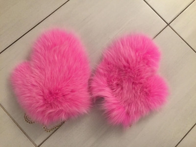 New Real Pink Fox Fur Gloves Mittens Soft and Furry Hanging String | eBay
