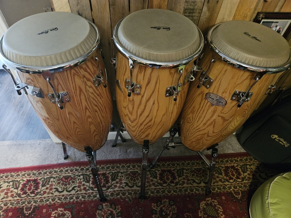 Set of 3 Gon Bops Acuna Congas. w/3 Lp Tri-Stands, & 3 Racketeer Cases ...