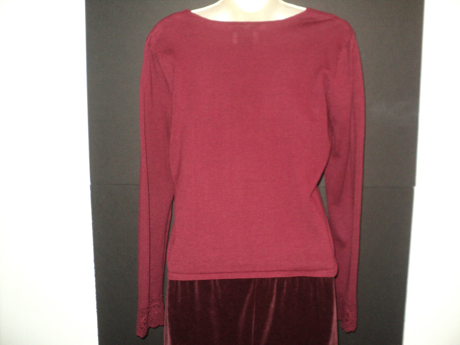 ECI New York Sweater Size S Small Burgundy Crocheted Trim Long Sleeves ...