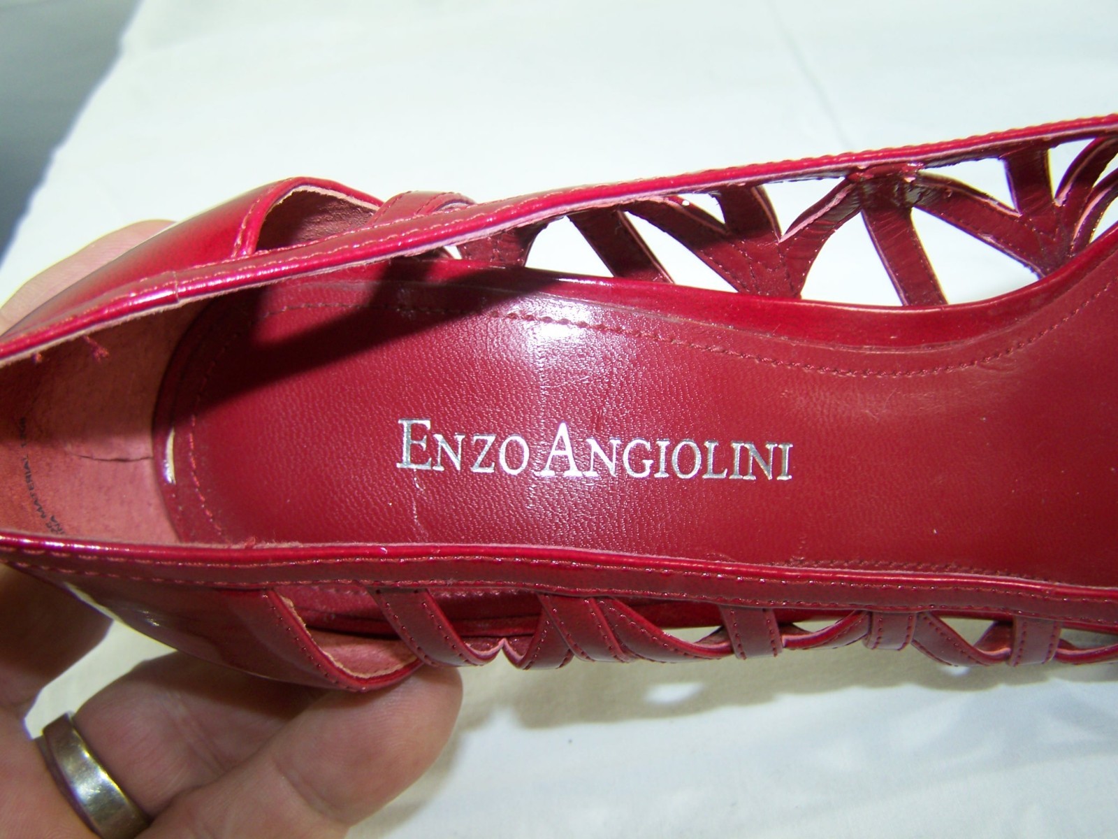 Enzo Aniolinig Red Eyelet Wet Look Open Toe Heels Shoes Womens Size 8M ...