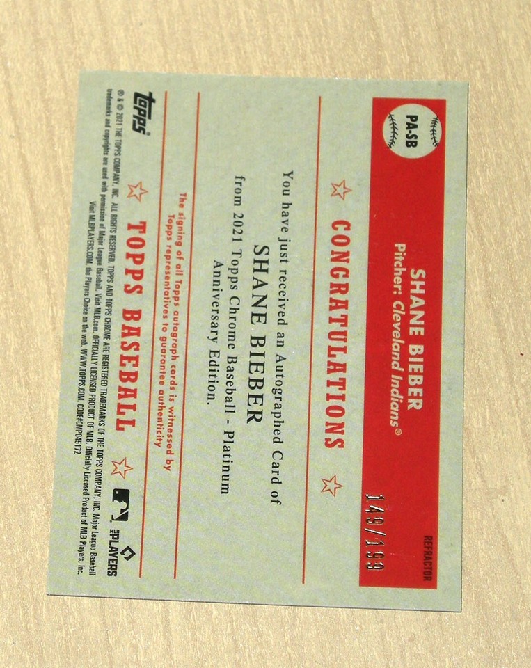 2021 1952 Topps Platinum Chrome Refractor autograph auto Shane Bieber ...