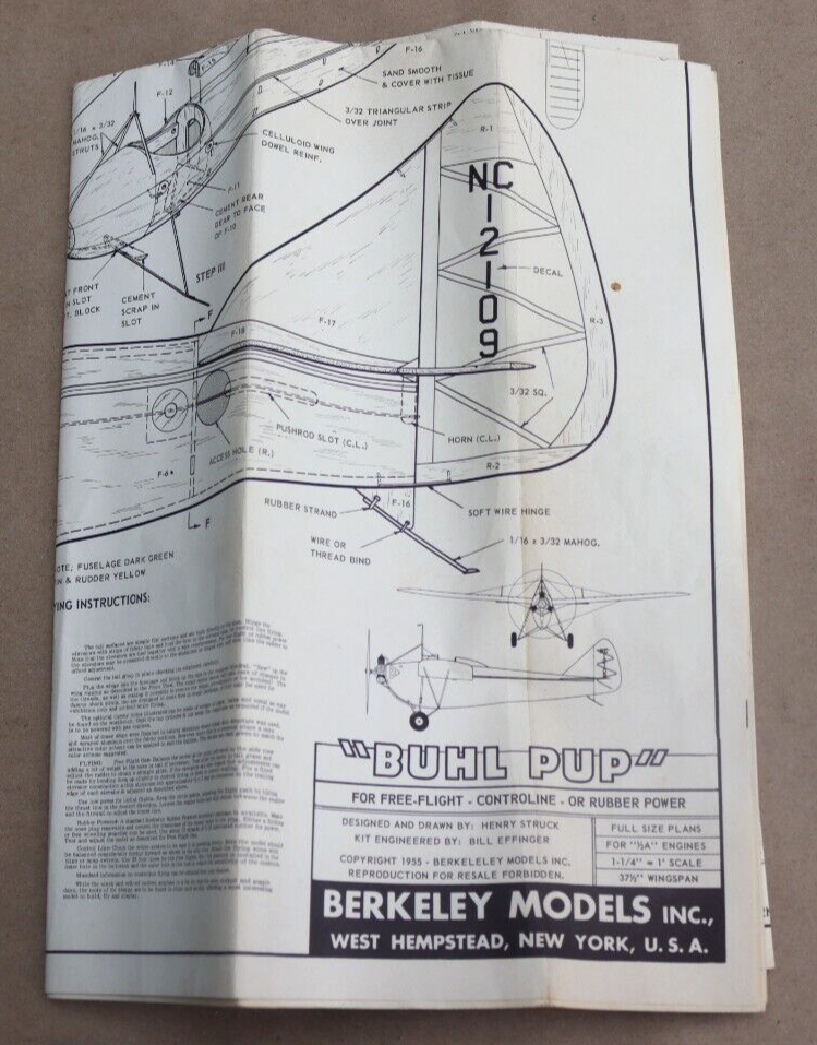 VINTAGE BERKELEY MODEL BUHL PUP BALSA WOOD AIRPLANE FREE FLIGHT CONTROL ...