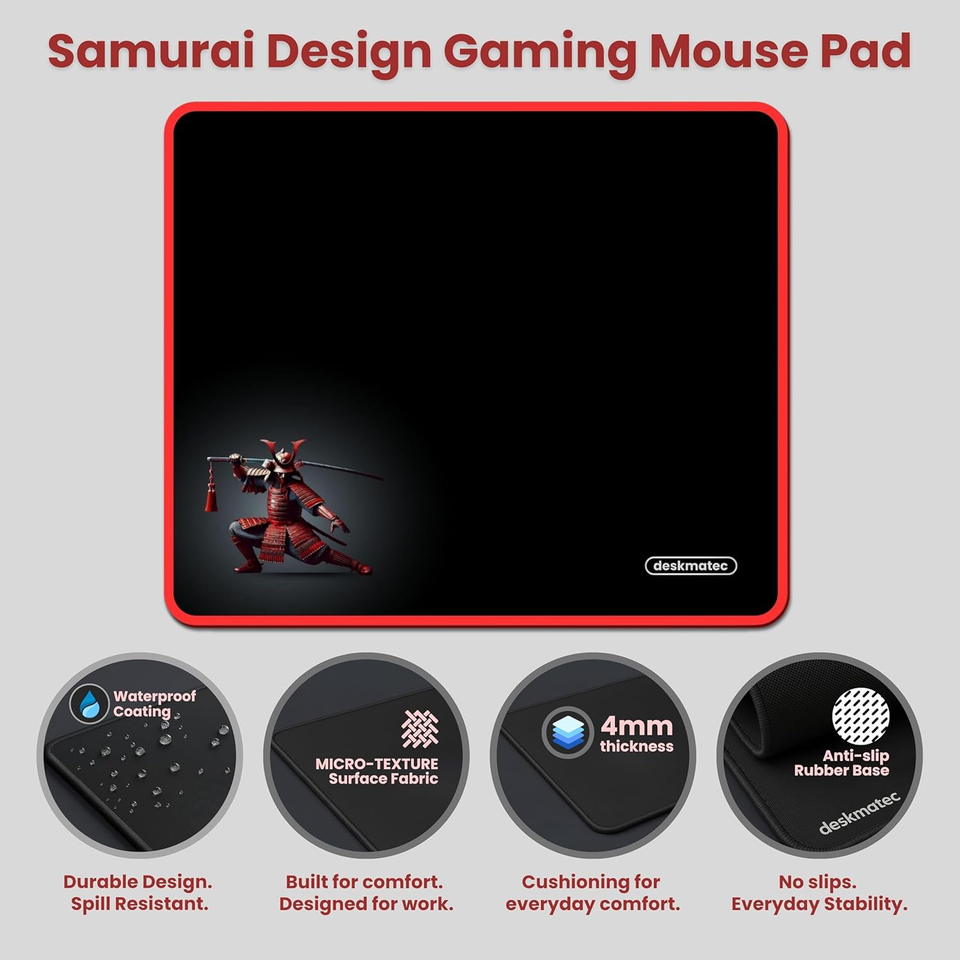 Red Samurai Gaming Mouse Pad (25X21Cm) Waterproof 4Mm Smooth Surface ...