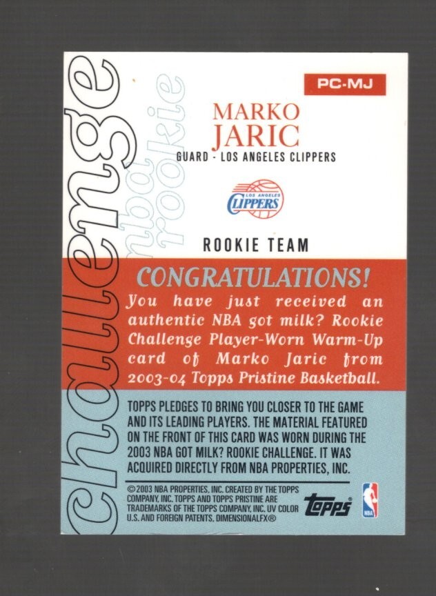 2003-04 TOPPS PRISTINE MARKO JARIC #PC-MJ JERSEY (WARM-UP) ROOKIE ...