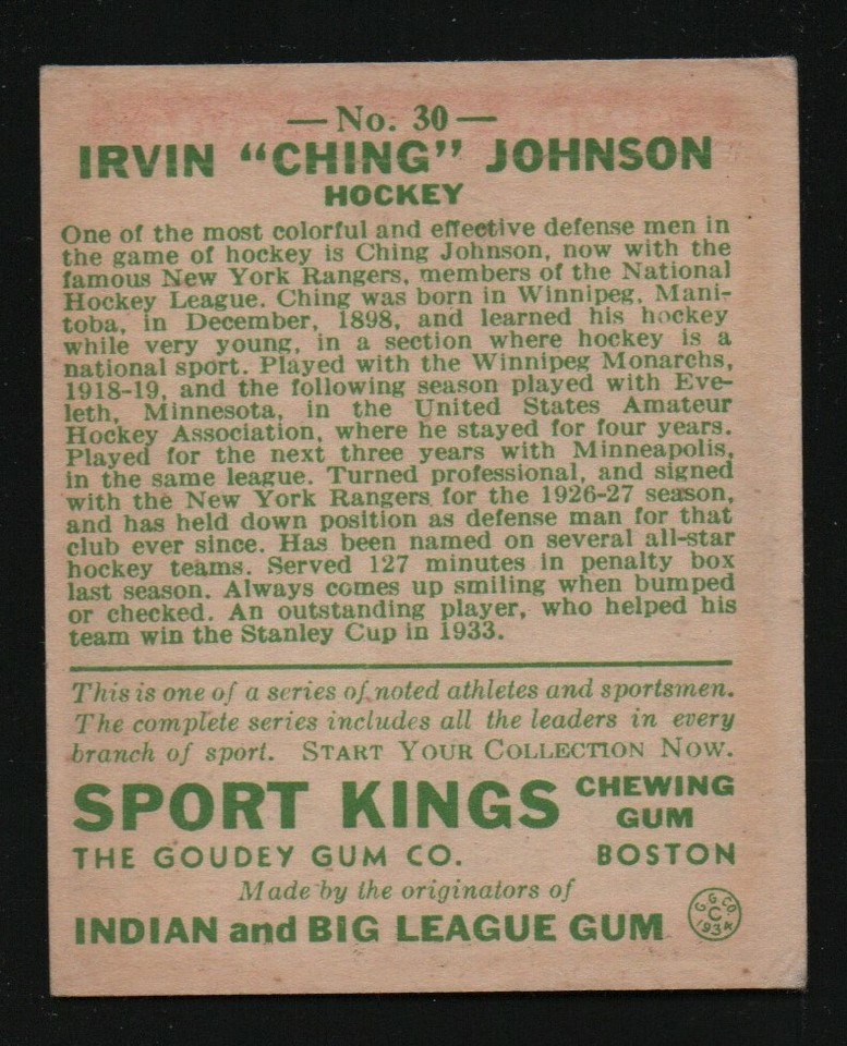 1934 SPORT KINGS CHING JOHNSON #30 NEW YORK RANGERS HOF | eBay