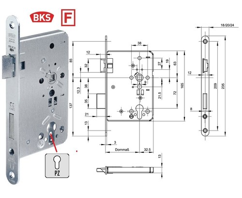 BKS Feuerschutztürschloss B-1206 24/65/72/9 mm DIN links 24 mm 235 mm ...