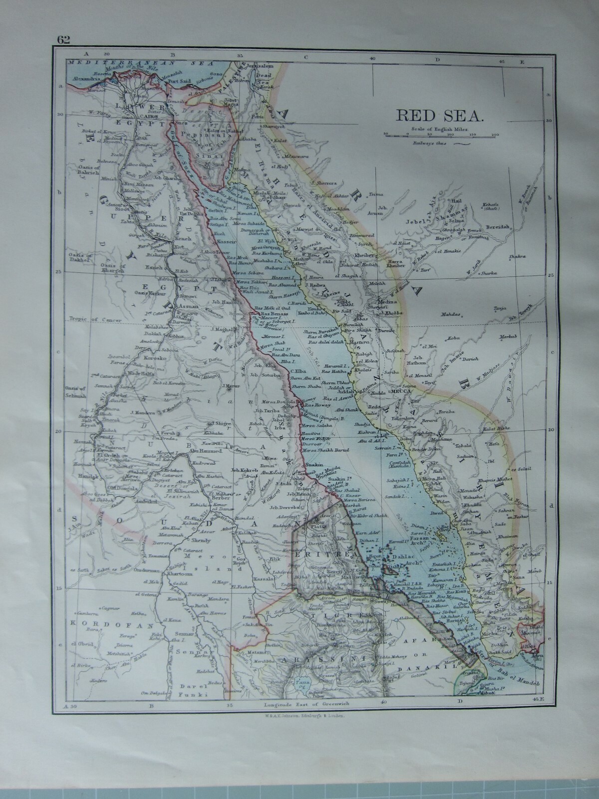 1899 VICTORIAN MAP ~ RED SEA ARABIA EGYPT SINAI PENINSULA MOUTHS OF THE ...