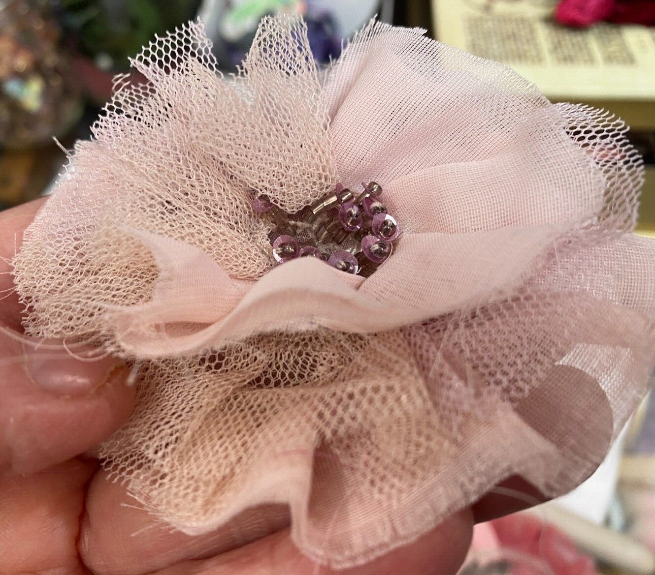 vintage applique boho flower layered 3.5" netting beads hand sewn ...