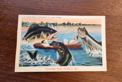 Vintage Early Linen Postcard FISHING EXAGGERATION Real Fishermen PUXICO ...