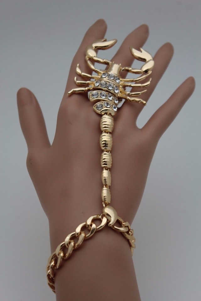 Women Gold Scorpion Metal Hand Chain Bracelet Slave Ring Connected ...