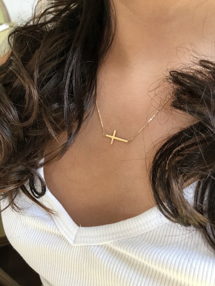 14K Solid Yellow Gold Side Way Horizontal Cross Necklace - 18" | eBay