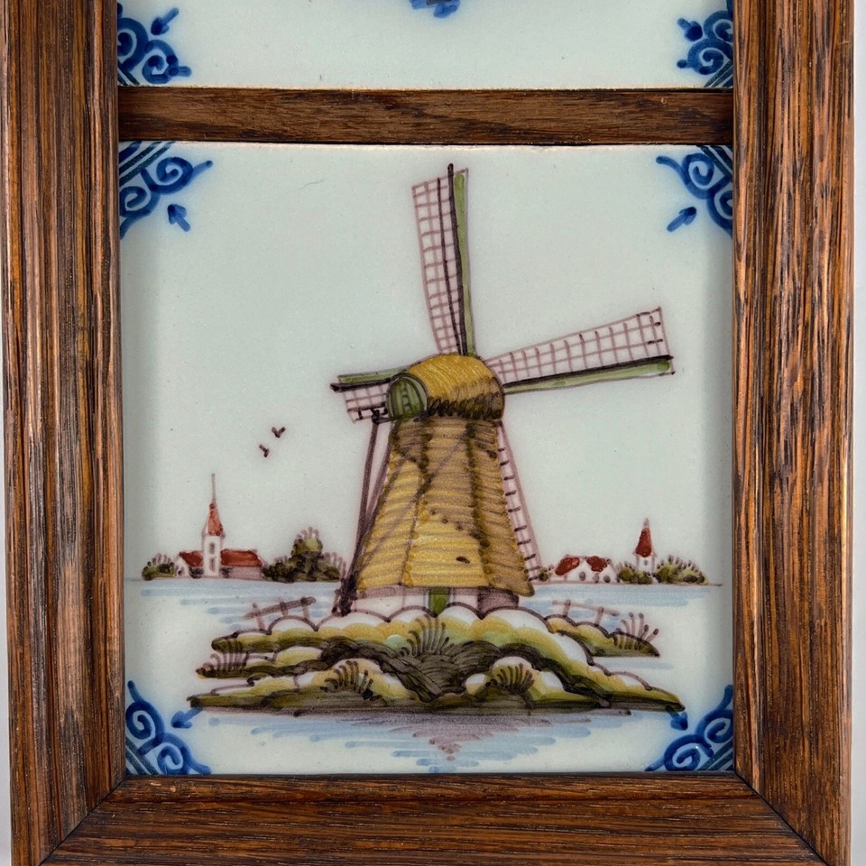 Vintage Royal Makkum Tichelaar Framed Multi Color Windmill Dutch Tiles ...