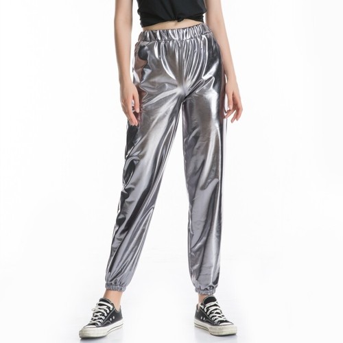 Women Shiny Holographic Pants Loose Metallic Trousers Dance Streetwear ...
