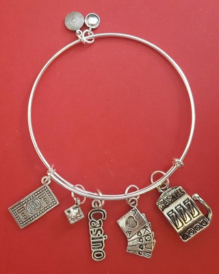 Silver "Casino" themed Charm Bracelet (dice, cards, slot machine, cash ...