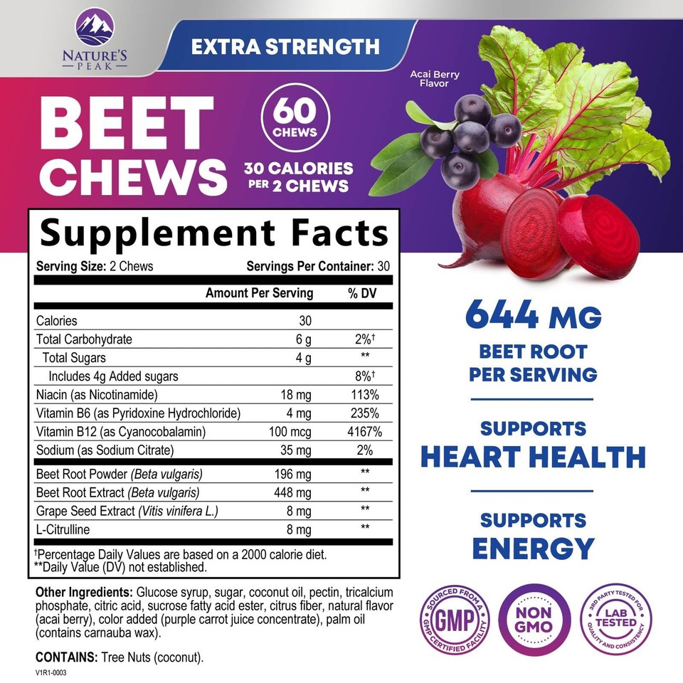 Beet Chews - Soft Beet Root Chewables with Grape Seed Extract Supports ...