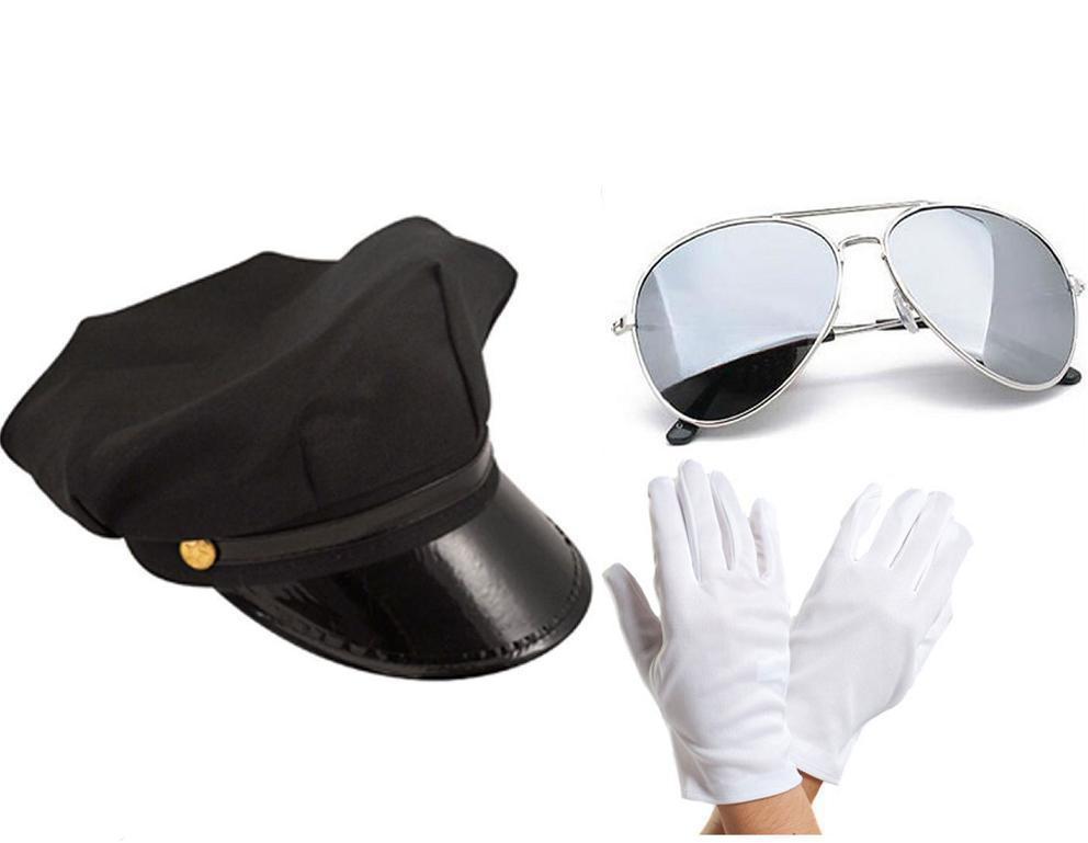 Chauffeur Set (Cap, Glasses & Gloves) Aviators Limo Driver Kit Fancy ...