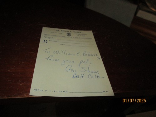 Mid 1950's George Shaw Baltimore Colts Signed Dr. Erwin Mayer Note Pad ...