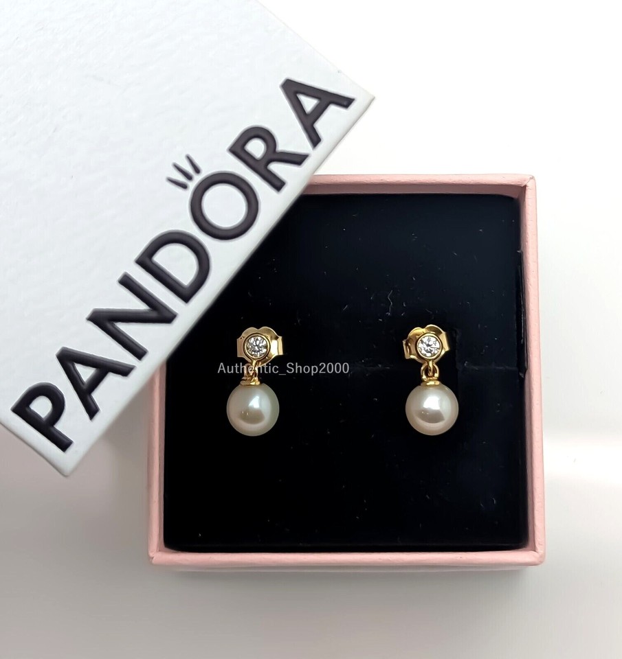 NEW 100% PANDORA Gold P Pearl Stone Necklace Earrings Jewelry Gift Set ...