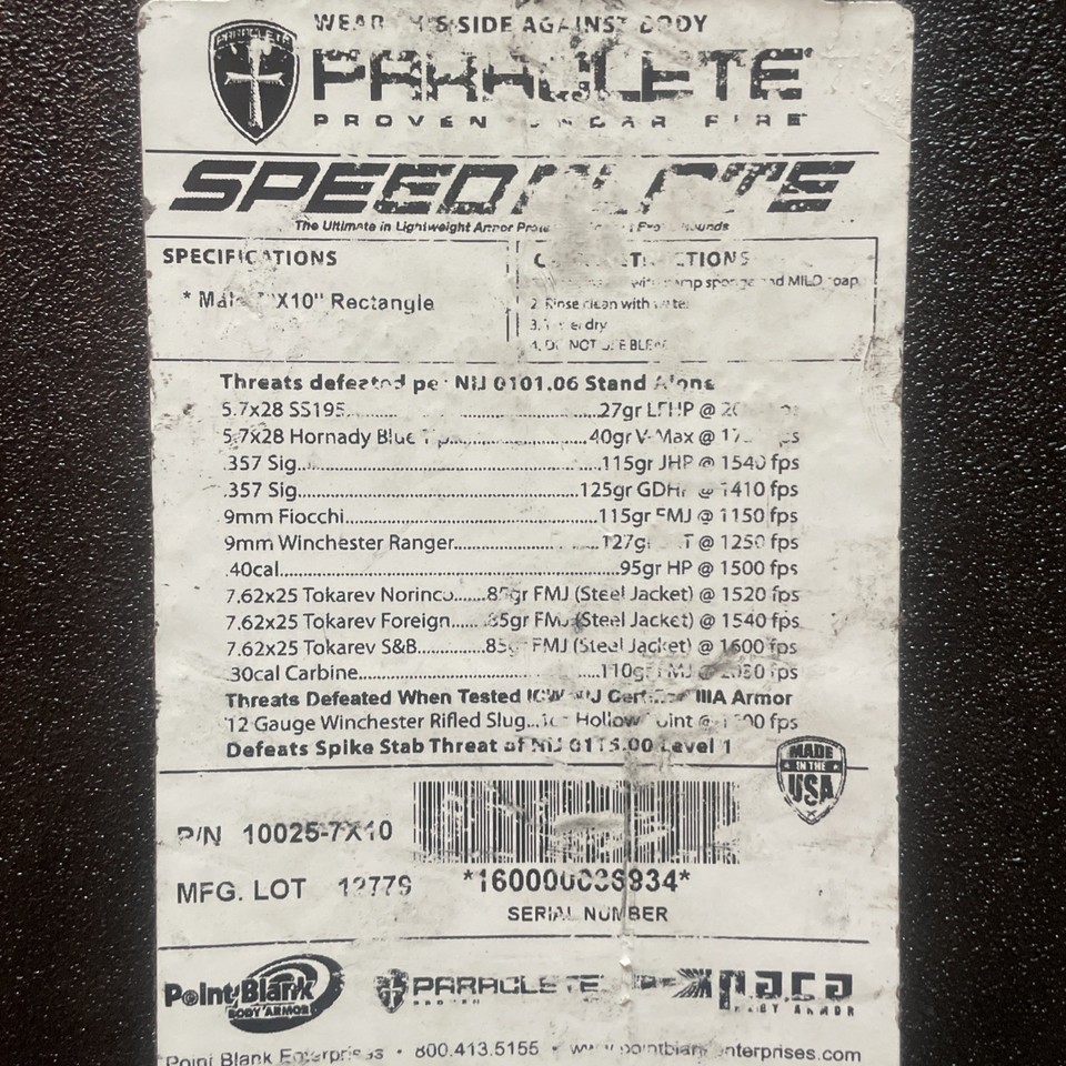Paraclete Speed Trauma Ballistic Body Armor Torso Upgrade Plate 5x8 | eBay