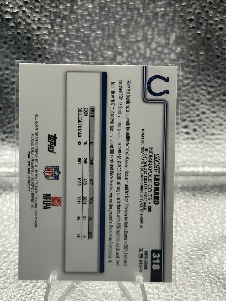 Topps Chrome 2025 Riley Leonard Indianapolis Colts Rookies Rookie #318 ...