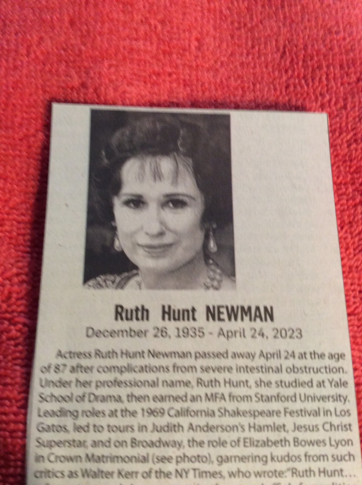 OBITUARY RUTH HUNT NEWMAN 1935 - 2023 ACTRESS GHOST STORY EMPEROR HENRY ...
