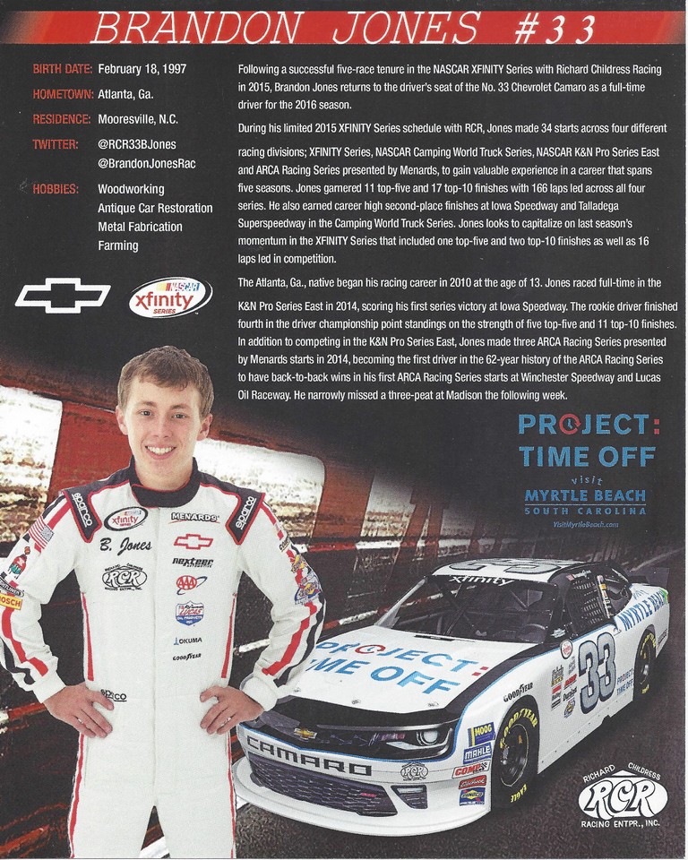 2016 BRANDON JONES PROJECT TIME OFF "DARLINGTON THROWBACK " #33 NASCAR ...
