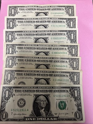 Five of a kind Fancy Serial Number One Dollar Bills. Lot Of 7 Bills ...