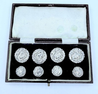 2 Four Pc Sets of Antique English Sterling Buttons Woman w/ Harp ...