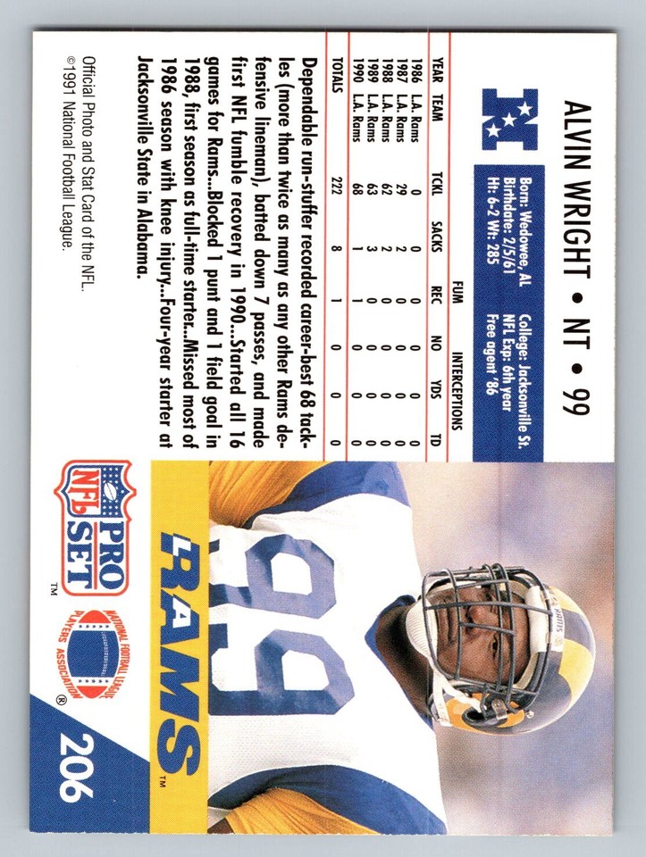 1991 Pro Set #206 Alvin Wright Los Angeles Rams | eBay