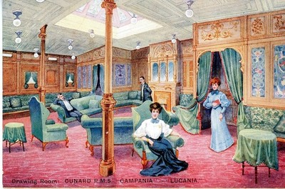 1908 Cunard RMS Lucania Steam Ship Ocean Liner Interior Drawing Room ...