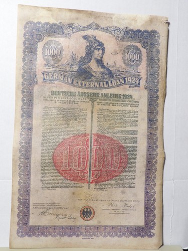 1924 German External Loan 7% - Gold Bond $1000FV - 100th anniversary ...