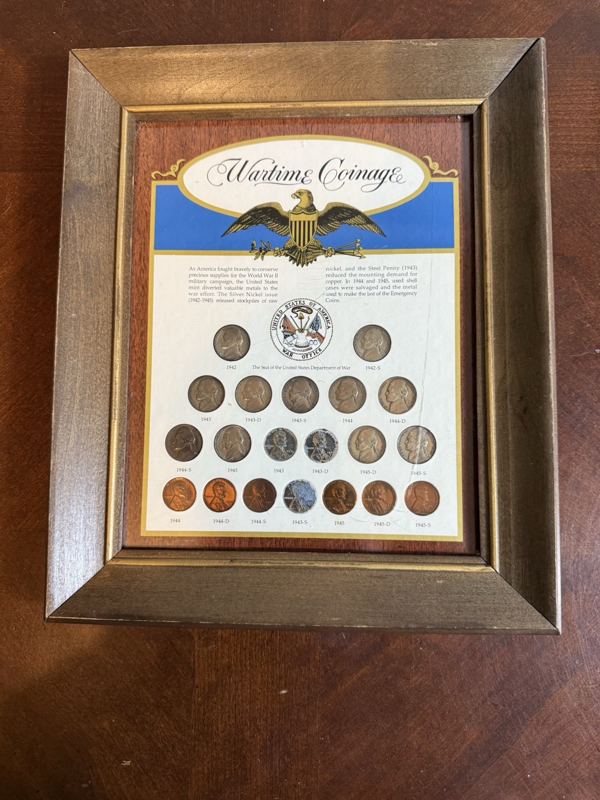 Vintage Wartime Coinage Framed Set of 20 US Nickles &Pennies Coins 1942 ...