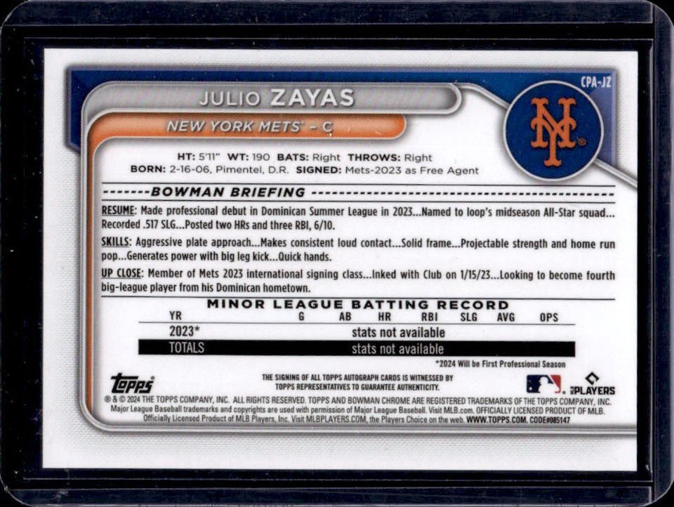 2024 Bowman Chrome Julio Zayas Prospect Auto 1st #CPA-JZ | eBay