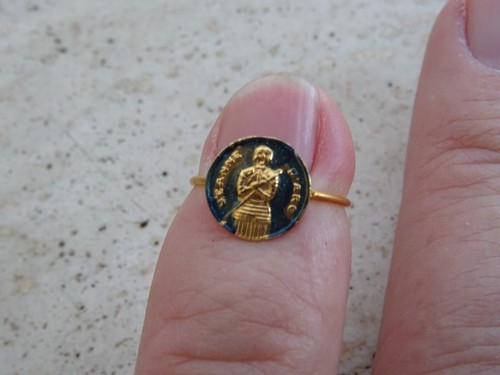 RELIGIOUS FRENCH ENAMELED VERMEIL ( MARKED ) RING JOAN OF ARC JEANNE d ...