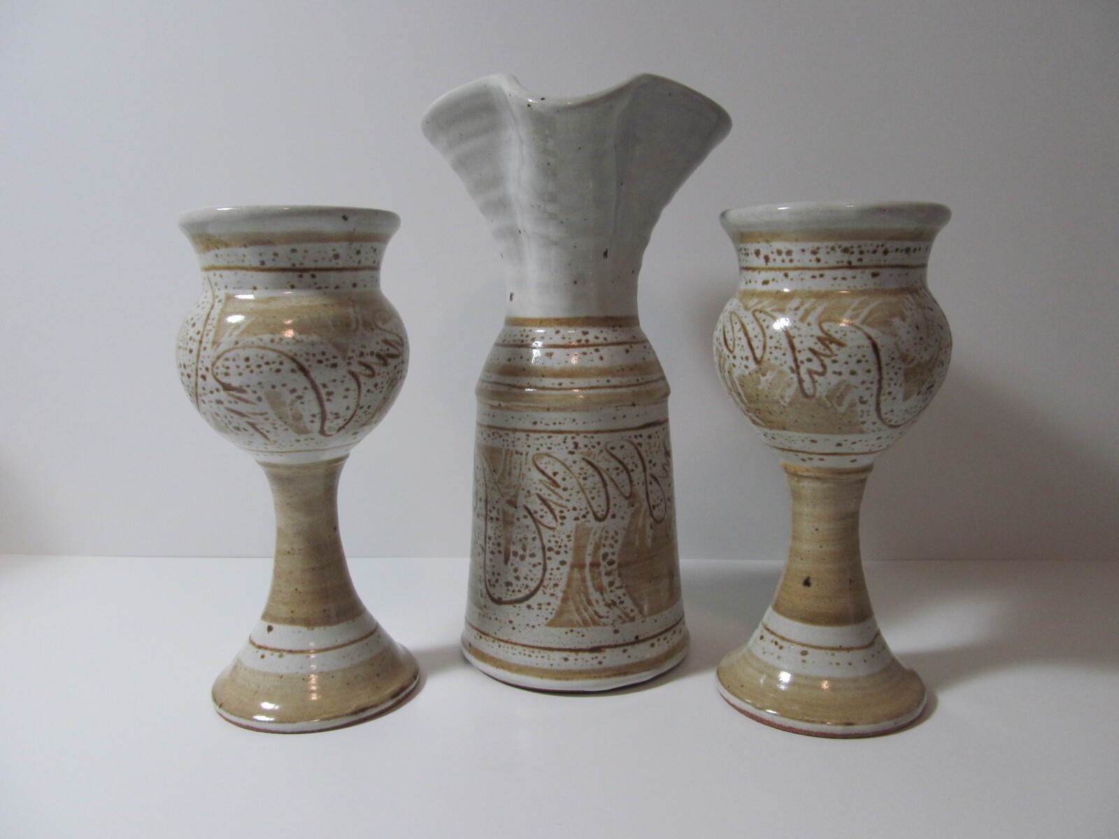 VINTAGE HAGE STONEWARE PITCHER AND 2 GOBLETS HANDCRAFTED ART POTTERY ...