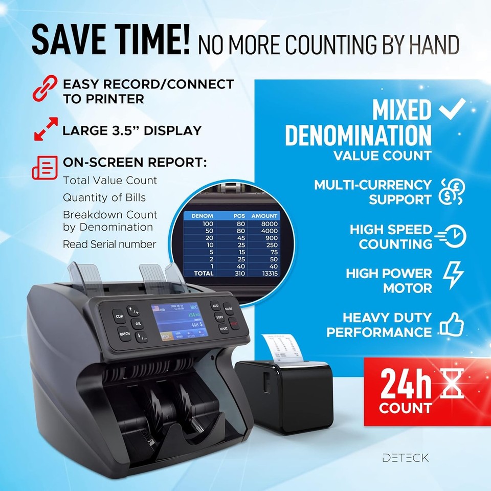 DETECK DT600 Bank Grade Money Counter Machine Mixed Denomination Value ...