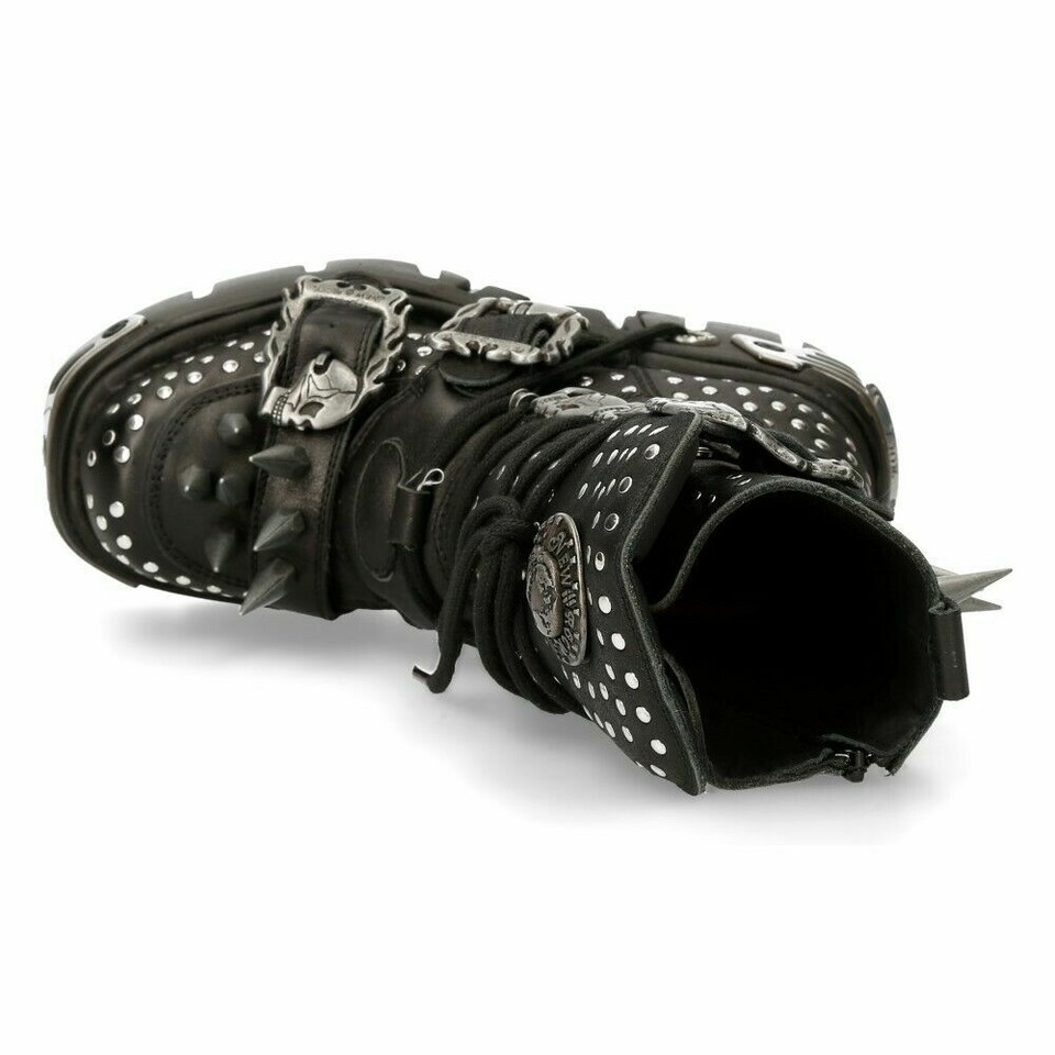 New Rock Boots 1535-S1 Unisex Metallic Black Leather Goth Studded Spike ...