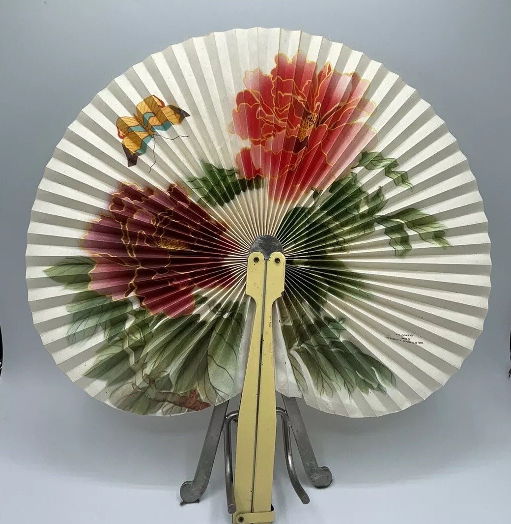 Vintage Chinese Paper Folding Hand Fan Oriental Yello… - Gem