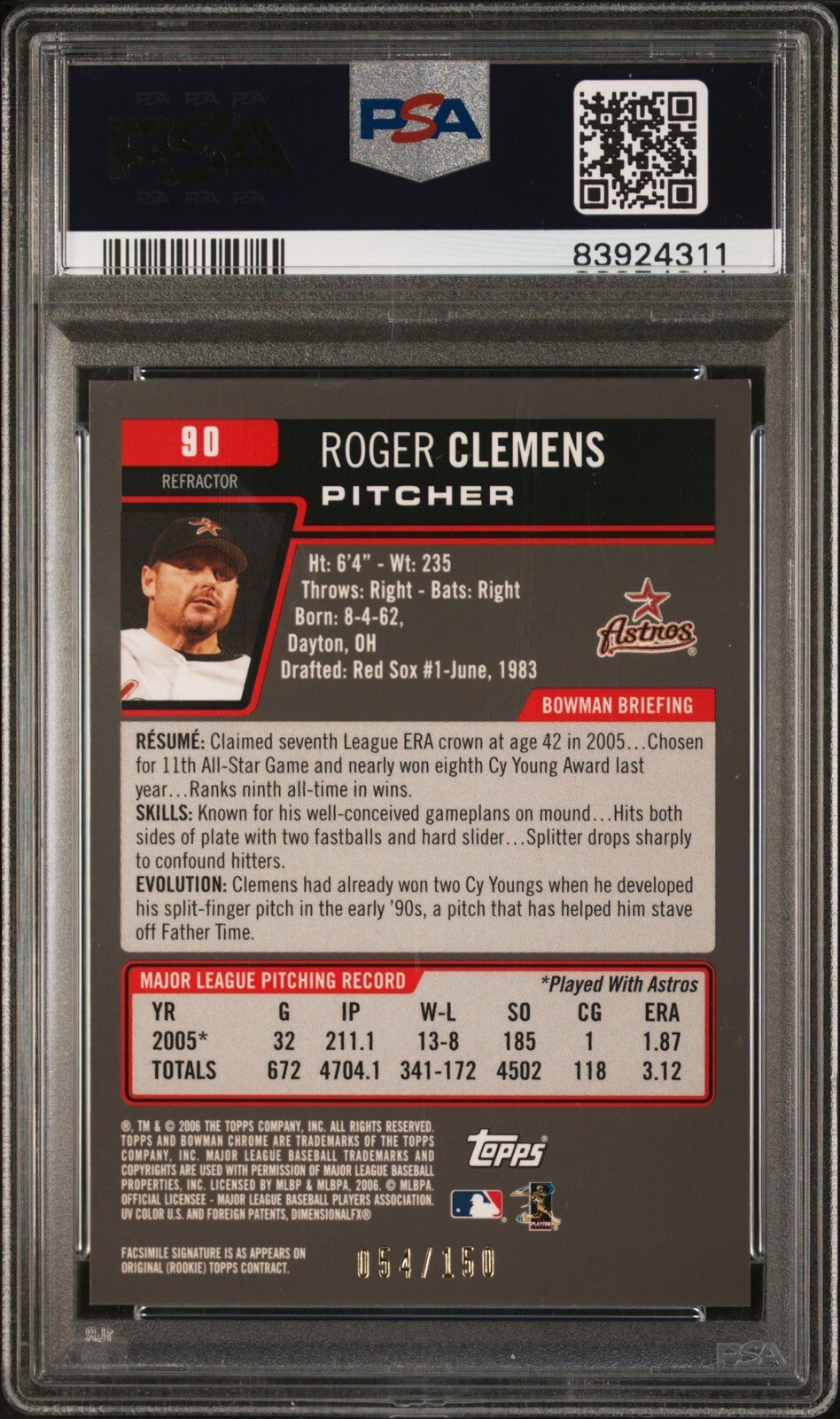2006 Bowman Chrome - Blue Refractor #90 Roger Clemens /150 for sale ...