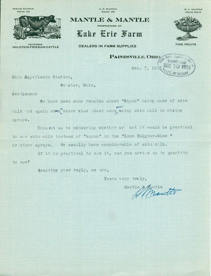 1923 Lake Erie Farm Mantle & Mantle Illustrated Letterhead Painesville ...