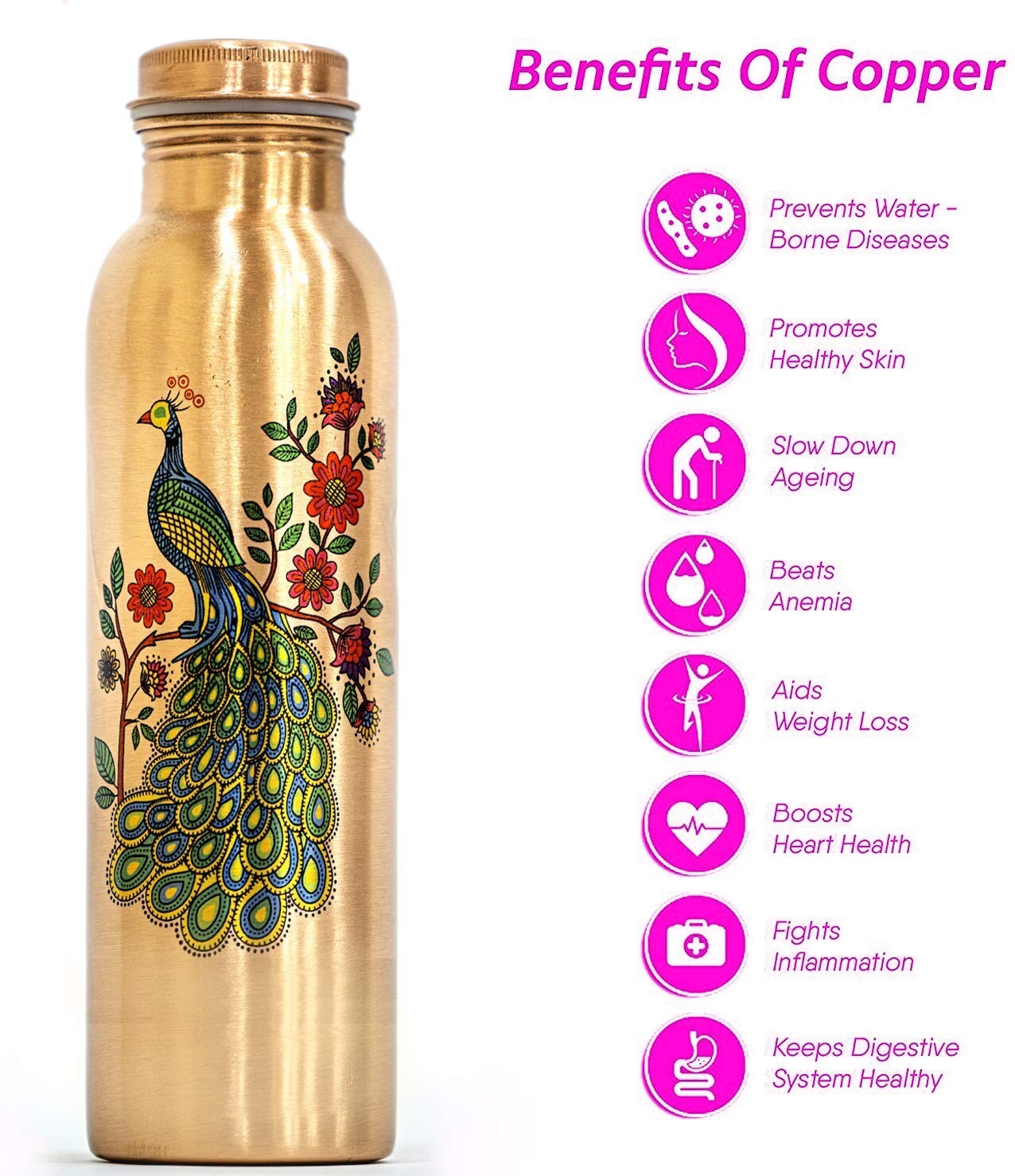 COPPER Peacock Printed Lacquer Coated Pure Copper Water Bottle 1 L ...